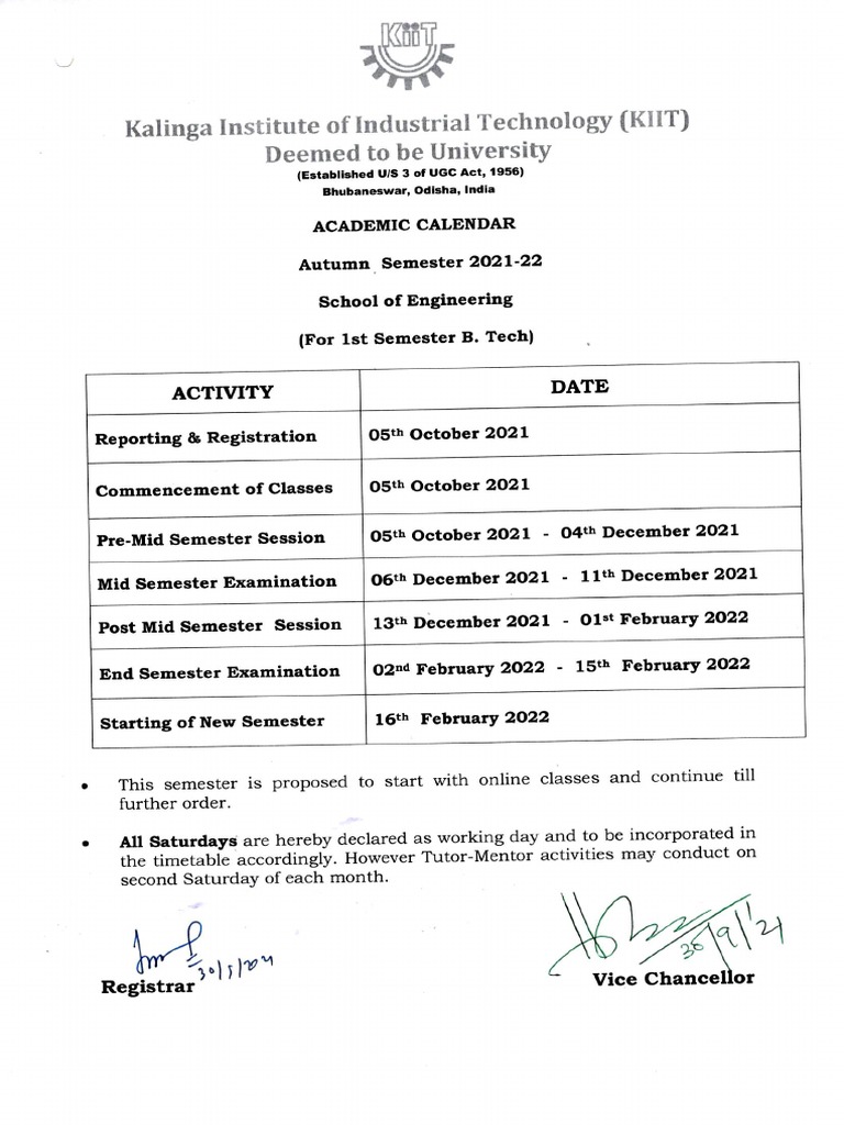 Academic Calendar 1st Semester B.tech | PDF