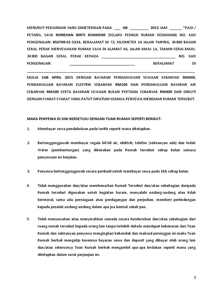 Perjanjian Penyewaan Rumah | PDF