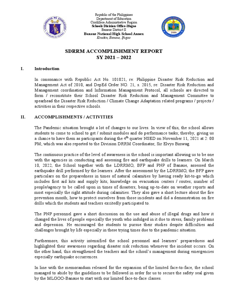 SDRRM Accomplishment Report | PDF | Emergency Management | Safety