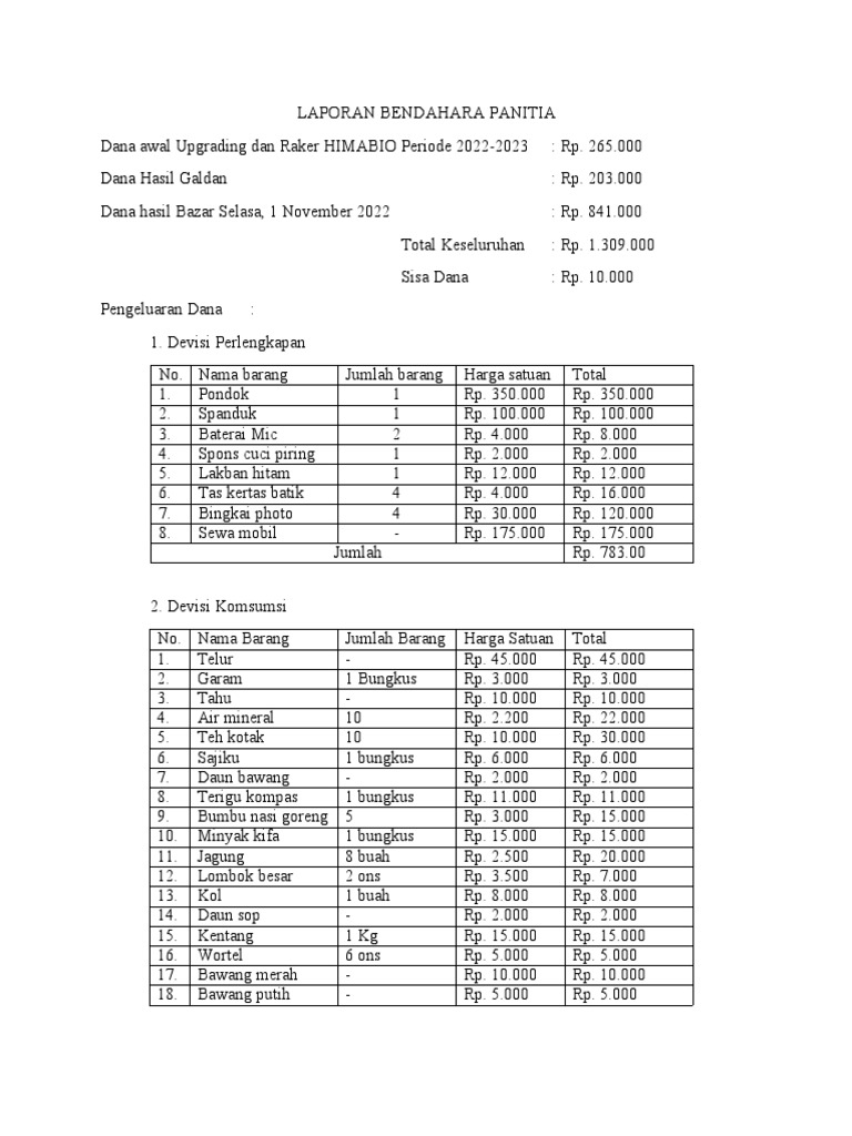 Laporan Bendahara Panitia | PDF