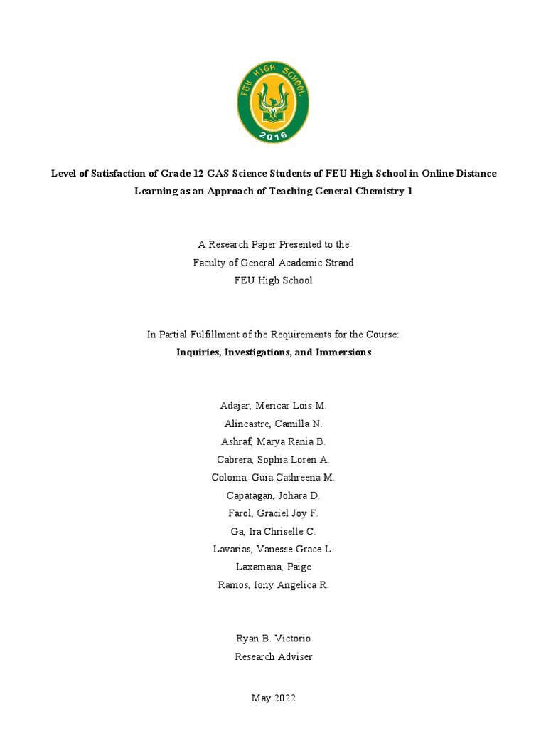 Level of Satisfaction of Grade 12 GAS Science Students of FEU High ...