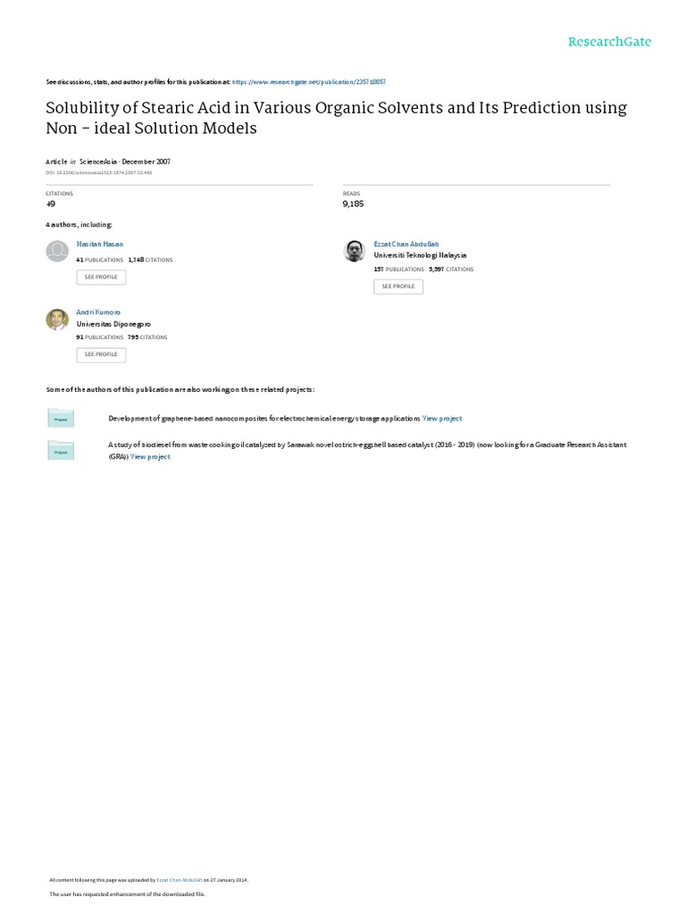 Solubility of Stearic Acid in Various Organic Solv | PDF | Solubility | Solvent