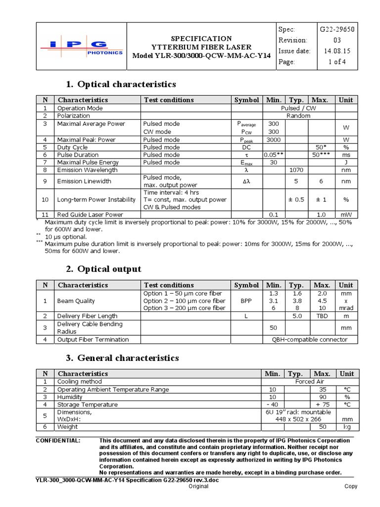 YLR 300 - 3000 QCW MM AC Y14 Specification G22 29650 Rev.3 | PDF | Laser | Optical Fiber