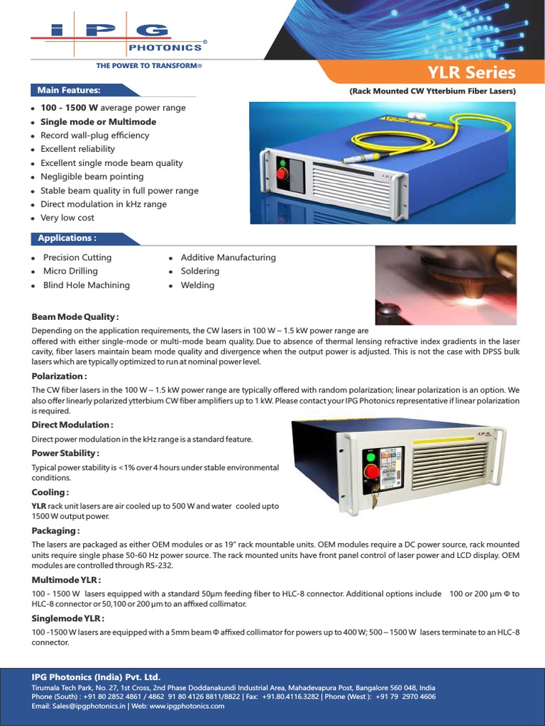 Mid Power Laser Sources Ylr 100 Watt 2 KW in CW | PDF | Laser | Optical Fiber