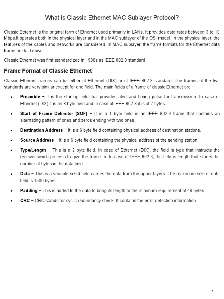 What Is Classic Ethernet MAC Sublayer Protocol | PDF