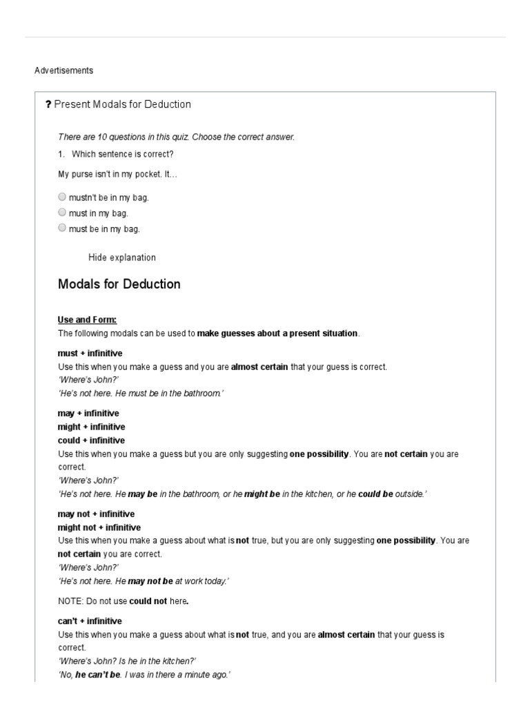 B1 Grammar - Present Modals For Deduction | PDF | Linguistic Morphology ...