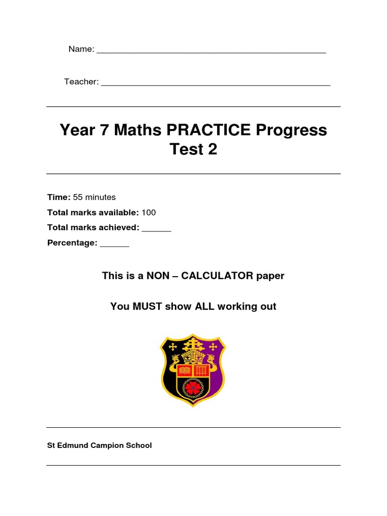 Year 7 Maths Practice Test 2 | PDF | Area | Elementary Mathematics