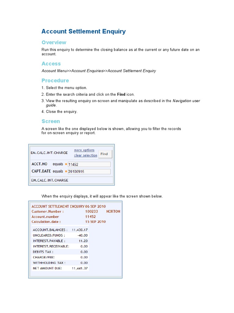 T24 Account Settlement Enquiry - Inactive Accounts | PDF