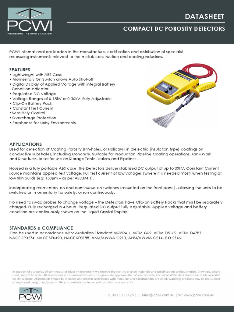 PCWI Compact DC Porosity Detectors 1201 Datasheet | PDF | Battery ...