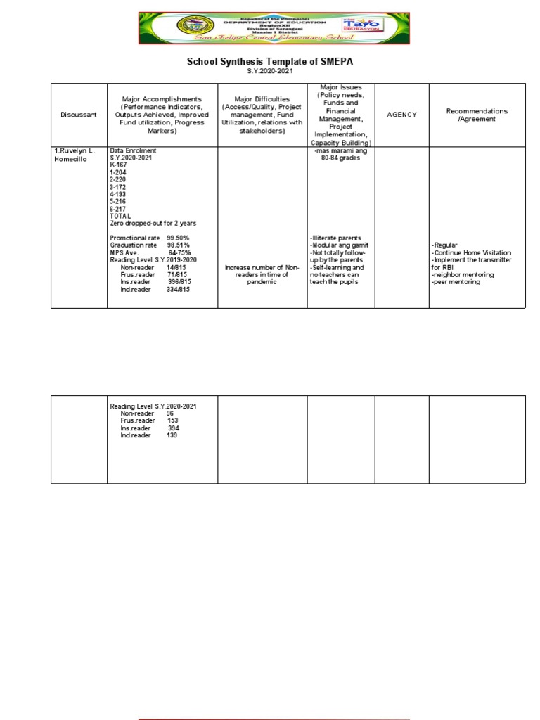 School Synthesis Template of Smepa | PDF | Capacity Building | Health Sciences