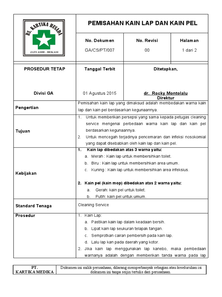 GA SOP 007 Pemisahan Kain Lap Dan Kain Pel | PDF