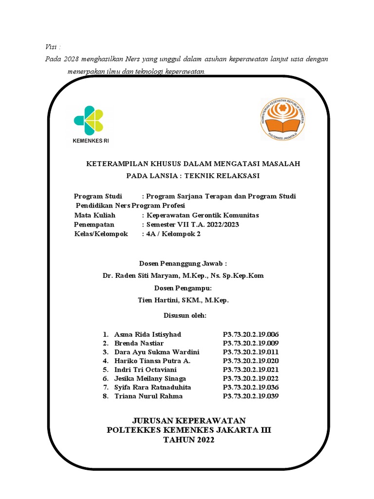 Kel 2 - 4A Ners - Teknik Relaksasi Pada Lansia | PDF | Pengembangan Diri | Kesehatan Holistik