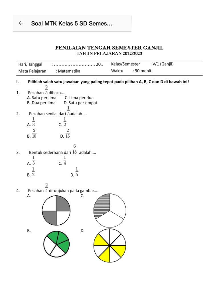 Soal MTK Kelas 5 SD Semester 1 | PDF | Metode & Bahan Ajar