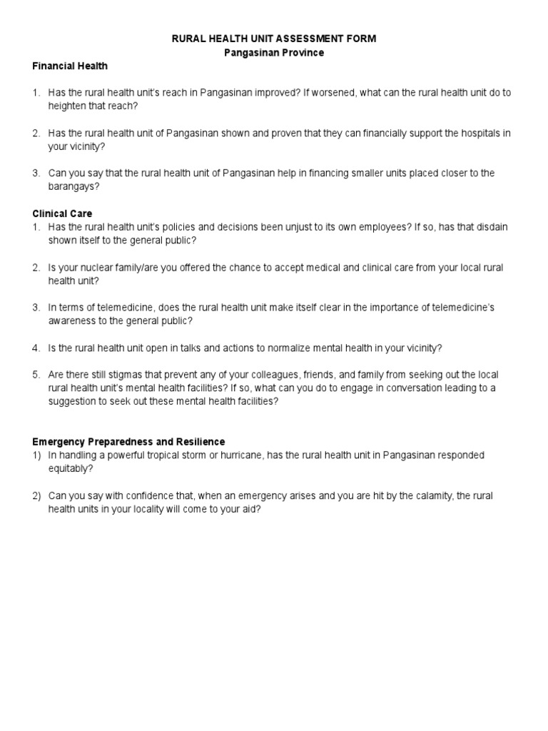 Rural Health Unit Assessment Form - Lorica, Jose Angelo M. V - 2200693 ...