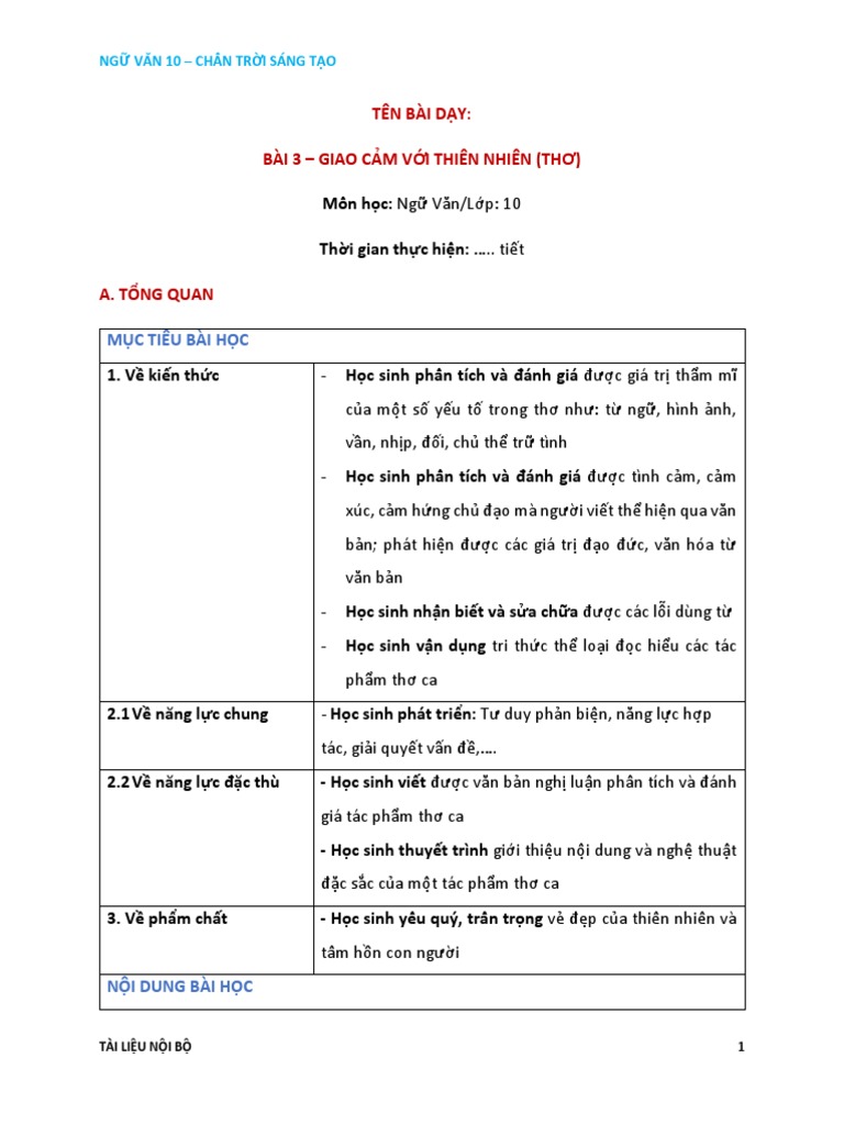 NV10 - CTST - Bài 3. Giao Cảm Với Thiên Nhiên (Thơ) | PDF