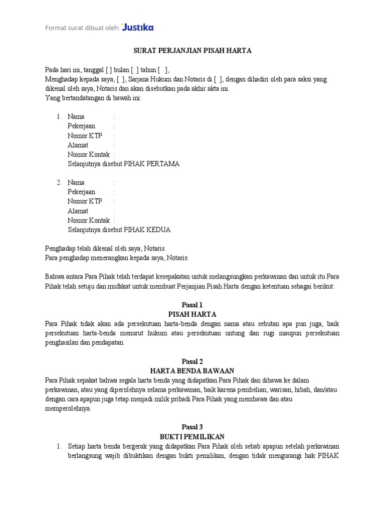 SURAT PERJANJIAN PISAH HARTA Versi PDF | PDF