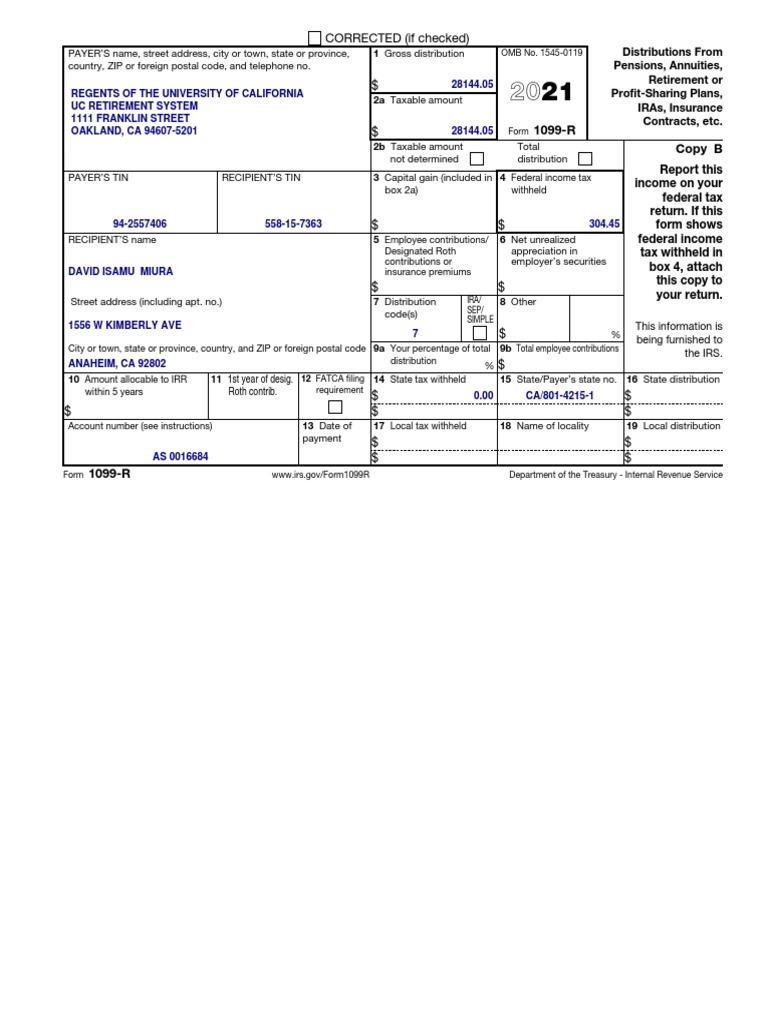 1099-R Copy B: CORRECTED (If Checked) | PDF | Individual Retirement ...