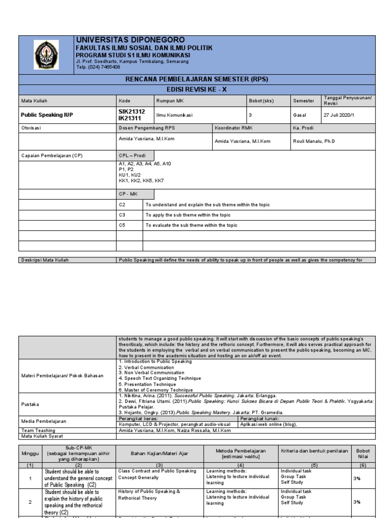 RPS Mata Kuliah Public Speaking IUP | PDF | Lecture | Public Speaking