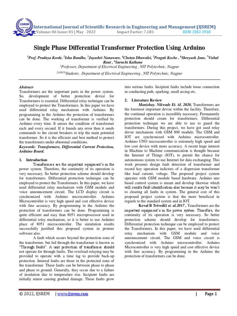 Single Phase Differential Transformer Protection Using Arduino | Download Free PDF | Relay ...