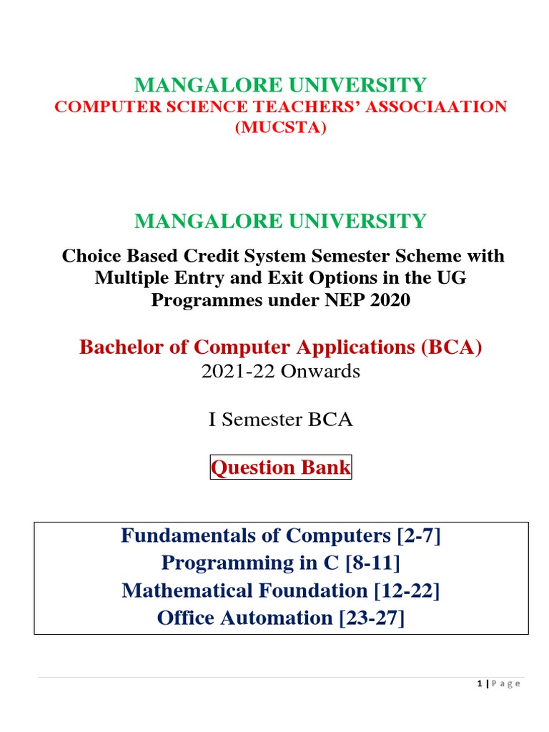 I Sem Bca Qb Pdf Subroutine Pointer Computer Programming 3704