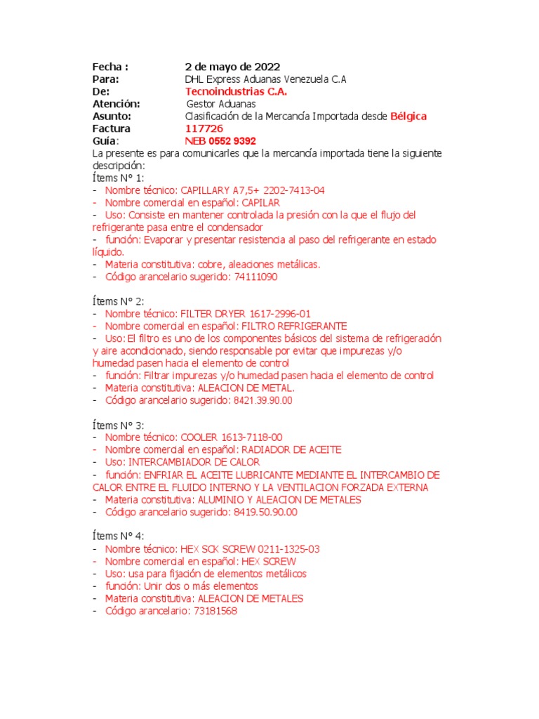 Modelo Descripcion de Mercancia | PDF | Máquinas | Física Aplicada e Interdisciplinaria