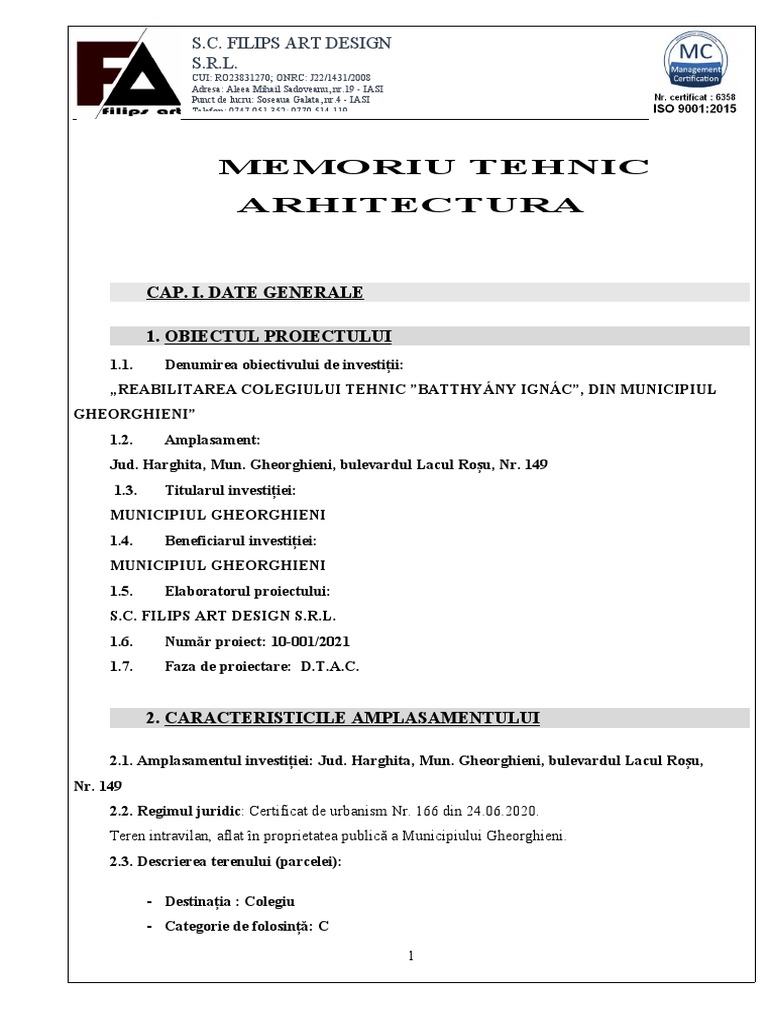 Memoriu Arhitectura Batthyany - DTAC | PDF
