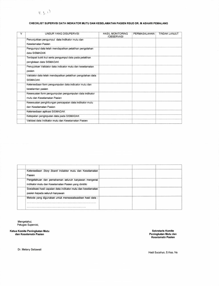 Form Cheklist Supervisi Data Indikator Mutu Dan Keselamatan Pasien | PDF