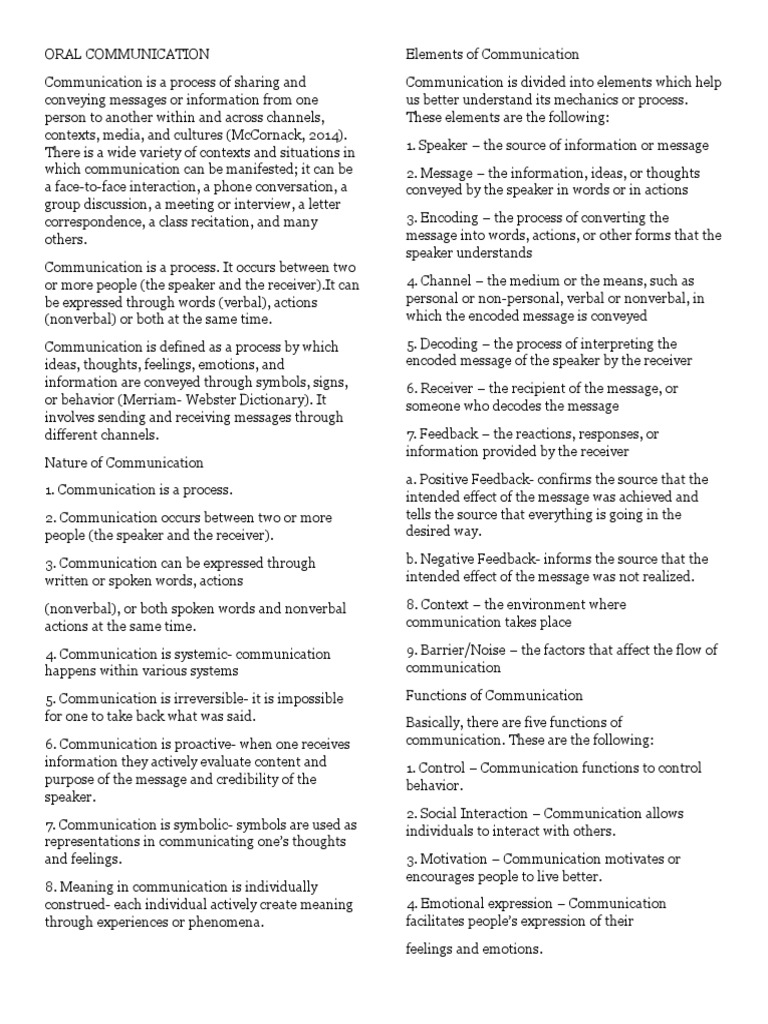 Key Elements of Oral Communication | PDF | Communication | Nonverbal ...