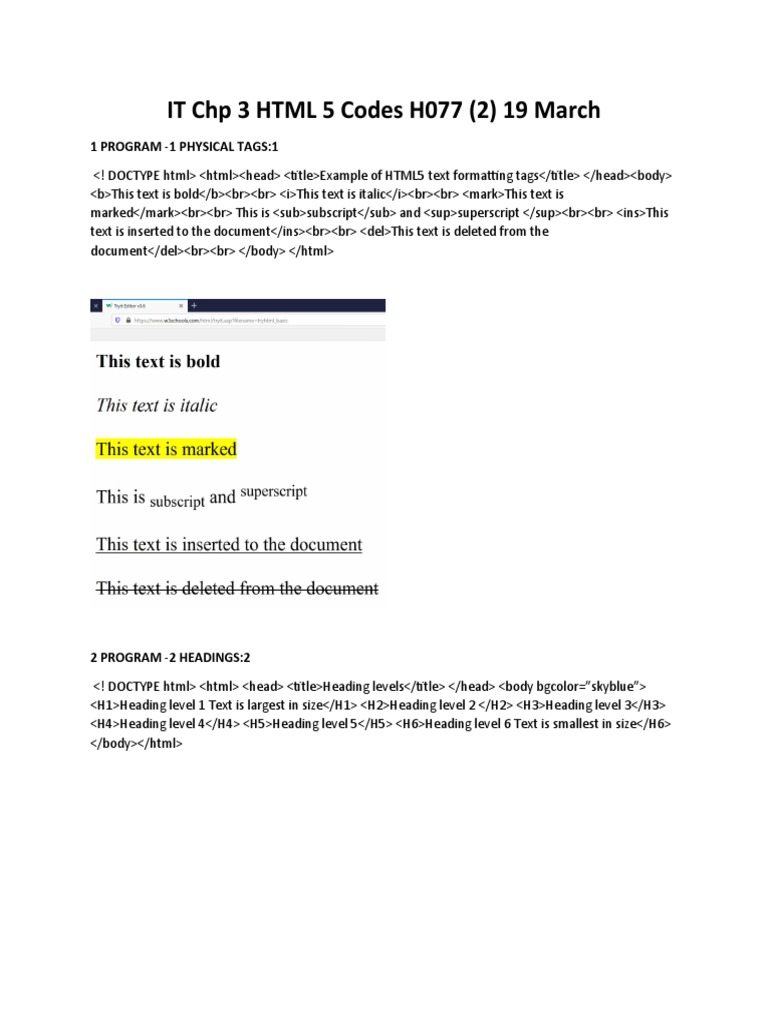 Exploring HTML Tables and Formatting Tags Through Code Examples | PDF | Html Element | Html