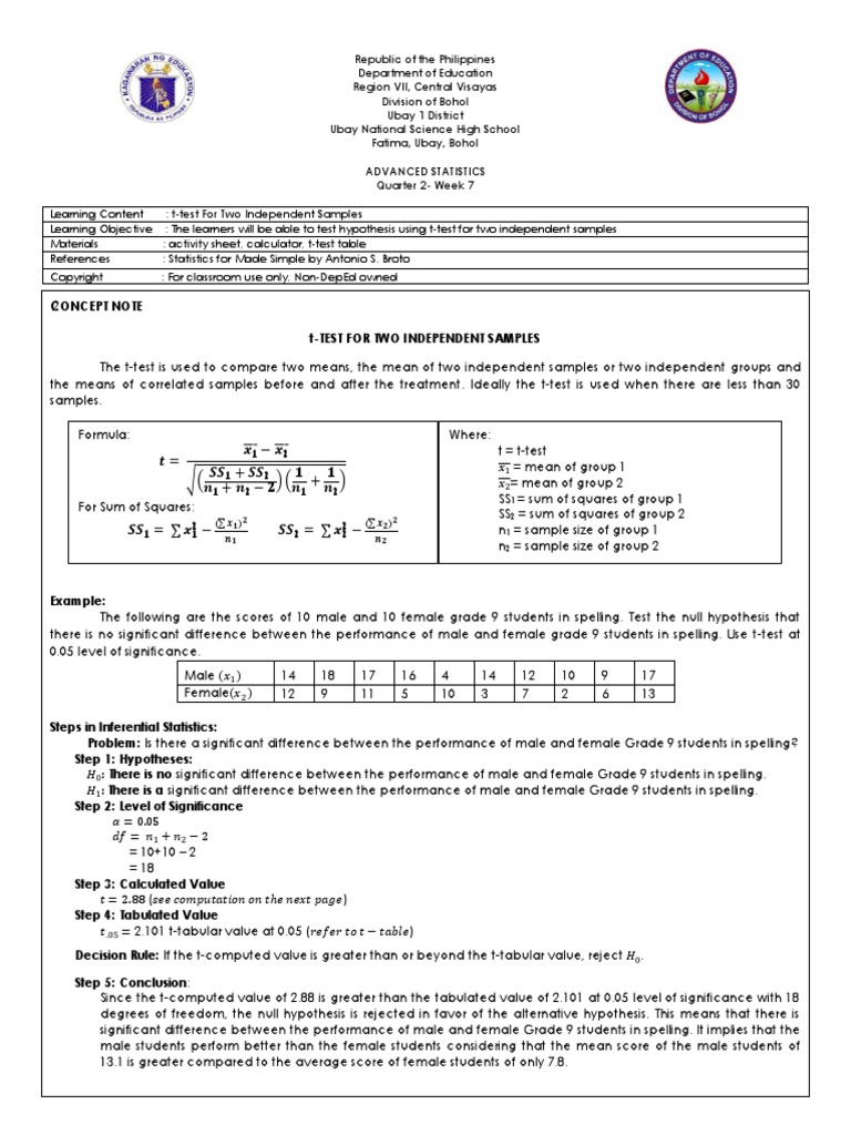 q2 w7 Advanced Statistics | PDF | Student's T Test | Statistical ...