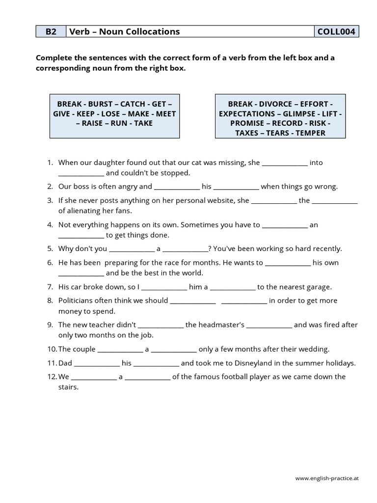 Verb-Noun Collocations Worksheet | PDF | Language Families | Languages