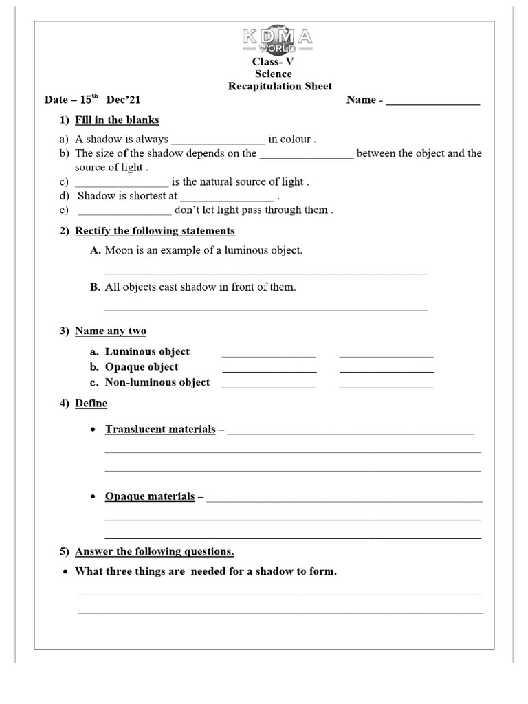 Science Class 5 Recapitulation | PDF