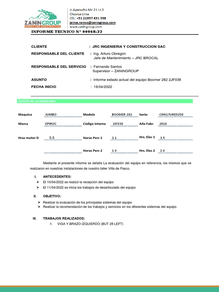 02 Informe Tecnico 0068-22 Evaluacion de Equipo Boomer 282 | PDF ...