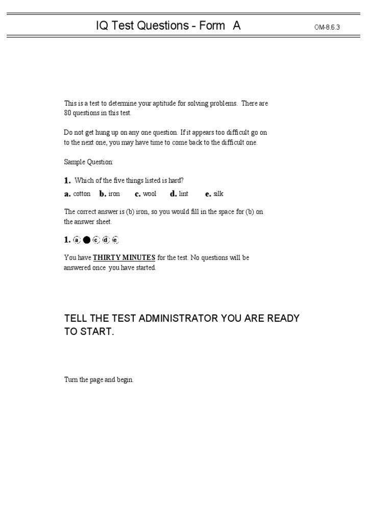 IQ Test Questions - Form A: 1. A. B. C. D. e | PDF