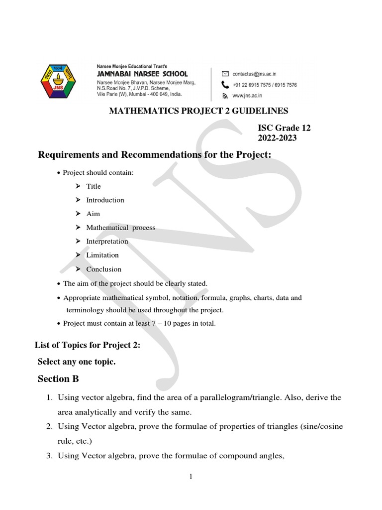Guidance for Mathematics Project 2: Selecting Topics in Vector Algebra ...