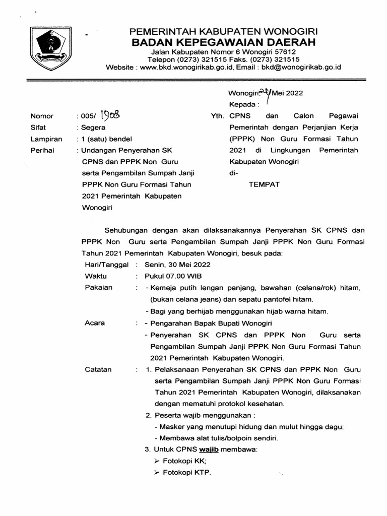 Undangan Penyerahan SK CPNS Dan PPPK Non Guru | PDF