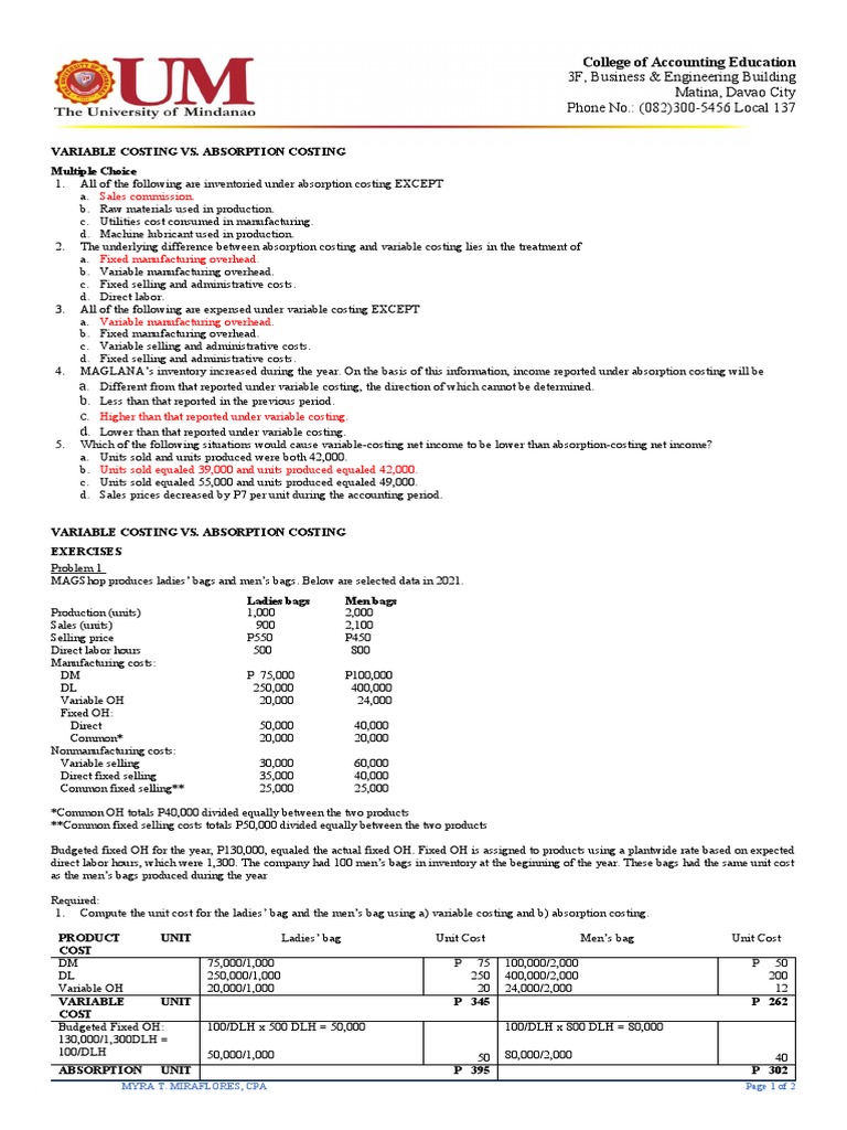 4variable vs. Absorption Exercise | PDF | Accounting | Production And Manufacturing