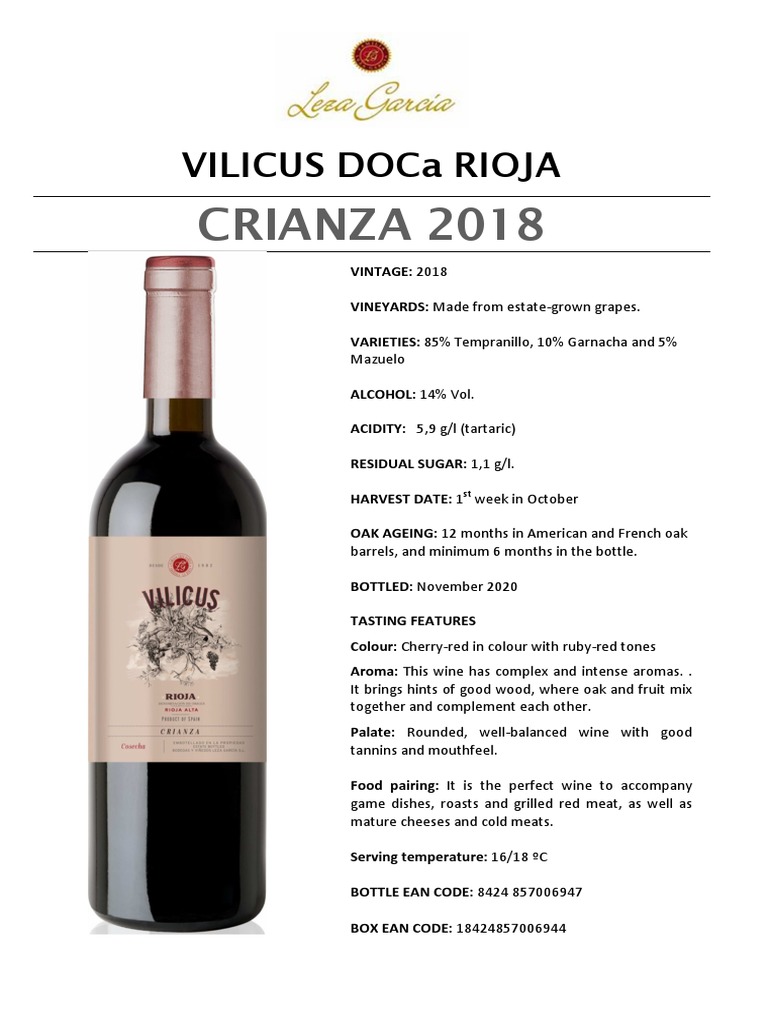 VILICUS Crianza 2018 Tasting Sheet | PDF