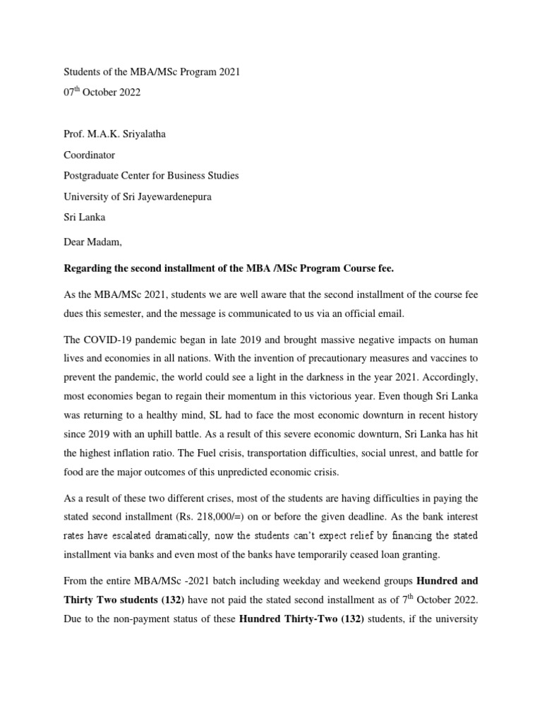 MBA/MSc 2021 Fee Payment Request | PDF | Economies | Money