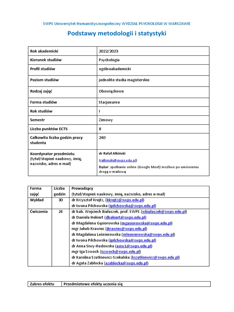 Podstawy Metodologii I Statystyki | PDF