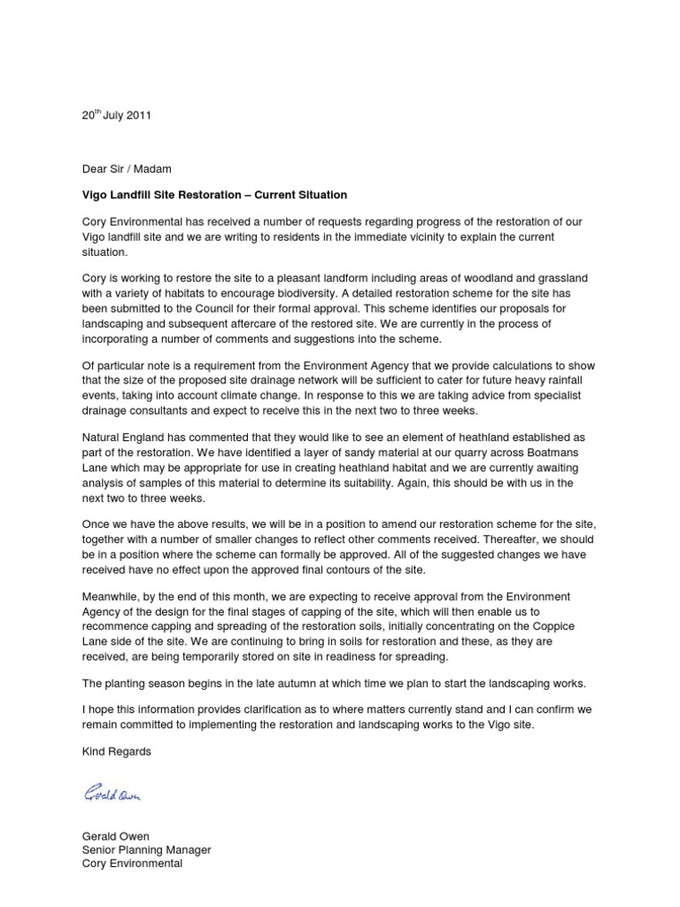 Vigo Letter To Local Residents 2011.7.20 | PDF | Habitat | Drainage