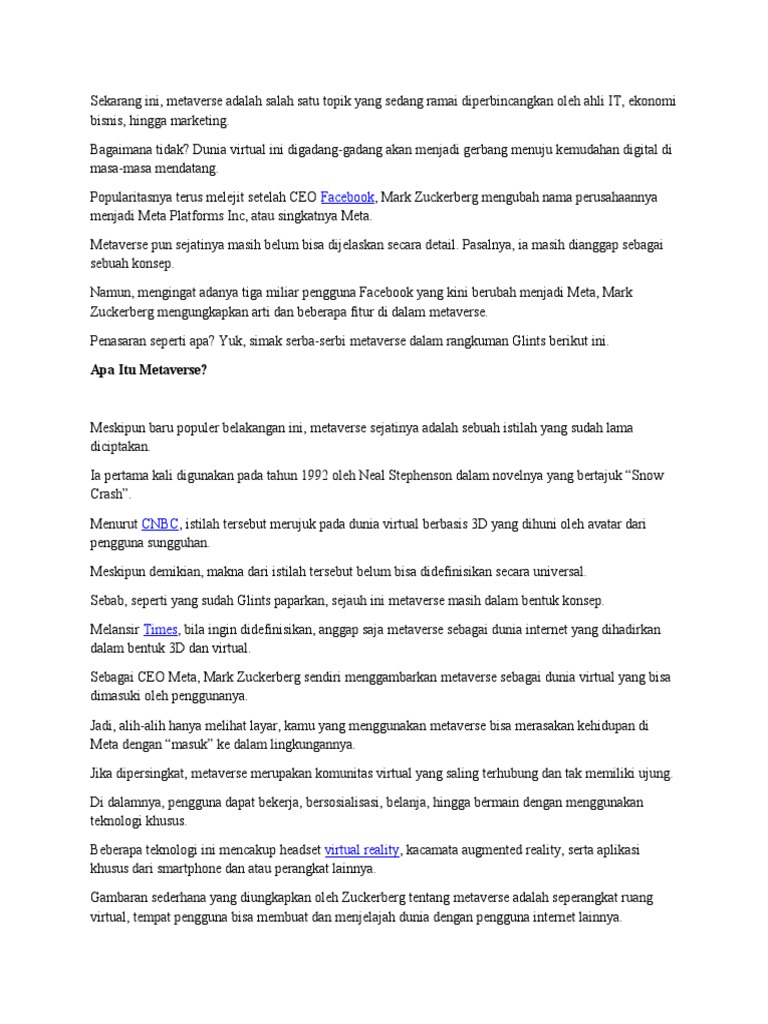 Serba-Serbi Metaverse: Konsep dan Aktivitas | PDF