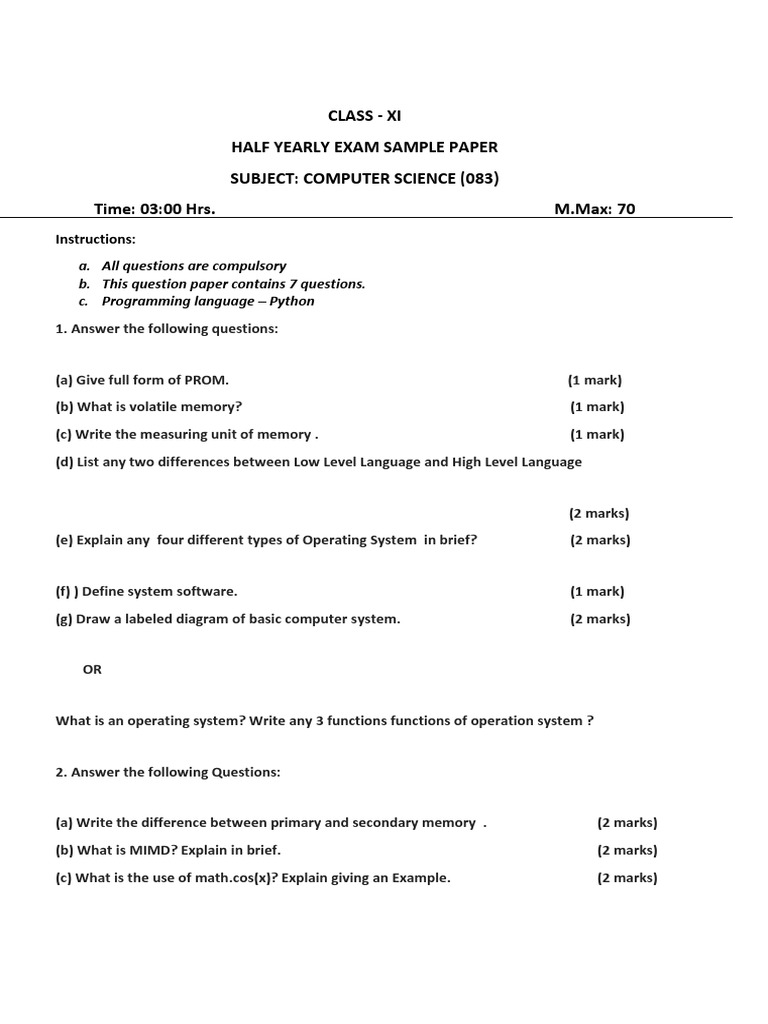 CLASS XI (COMPUTER SCIENCE) HALF YEARLY QP Bhopal Region | PDF | Function (Mathematics) | Python ...