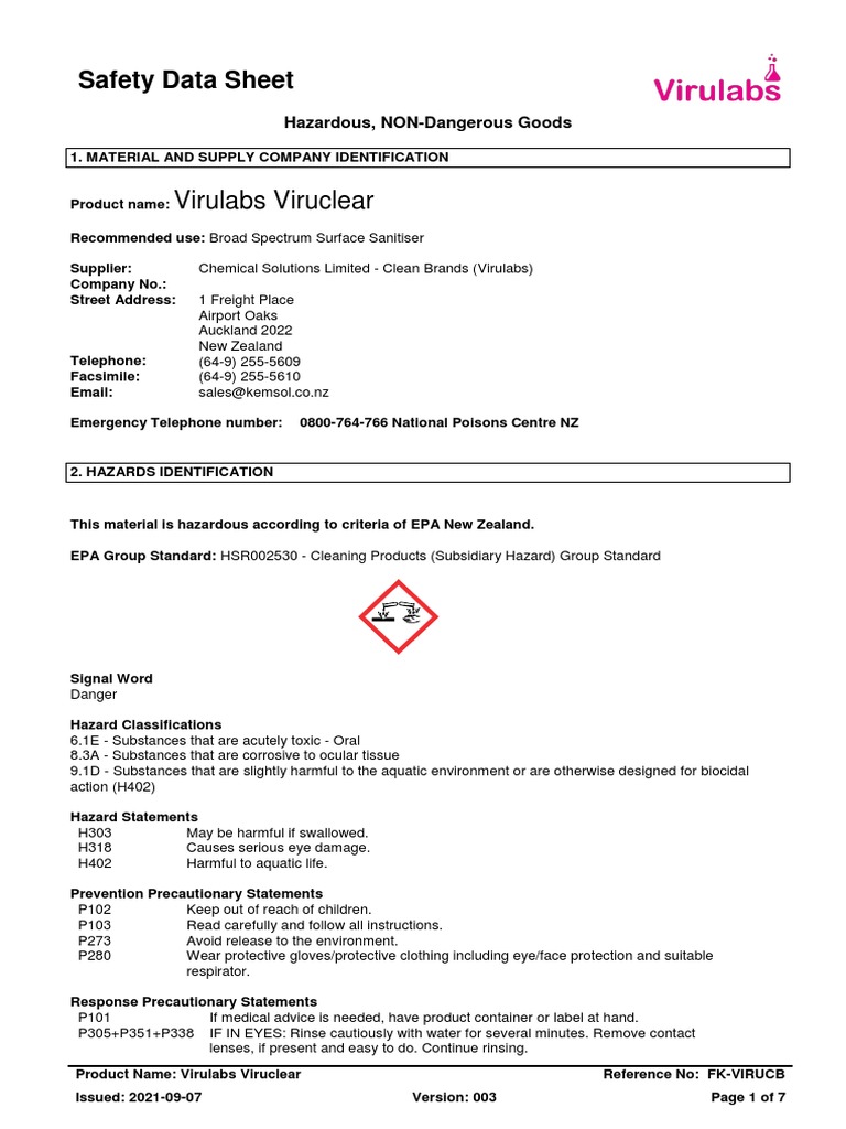 Virulabs Viruclear-NZ SDS-1 | PDF | Dangerous Goods | Toxicity