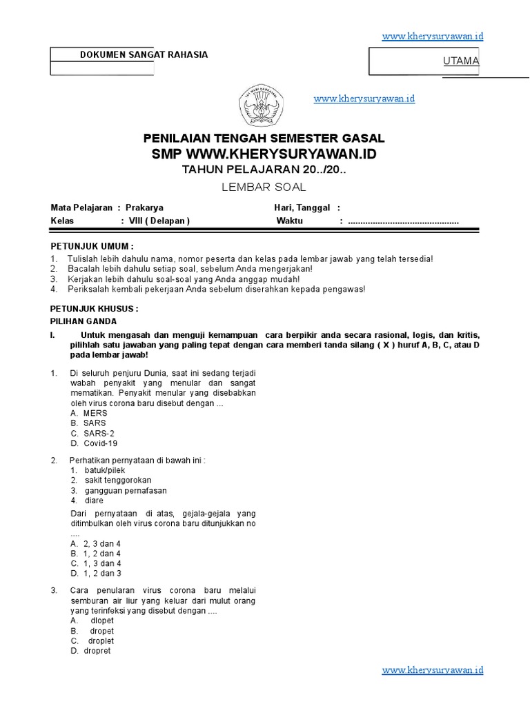 1 - Soal PTS Prakarya Kelas 8 Sem.1 - WWW - Kherysuryawan.id | PDF