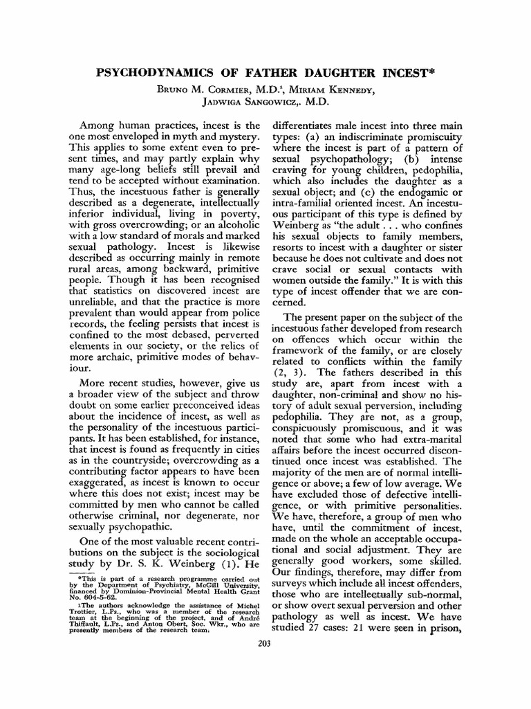 Psychodynamics Of Father Daughter Incest Bruno M Cormier M D