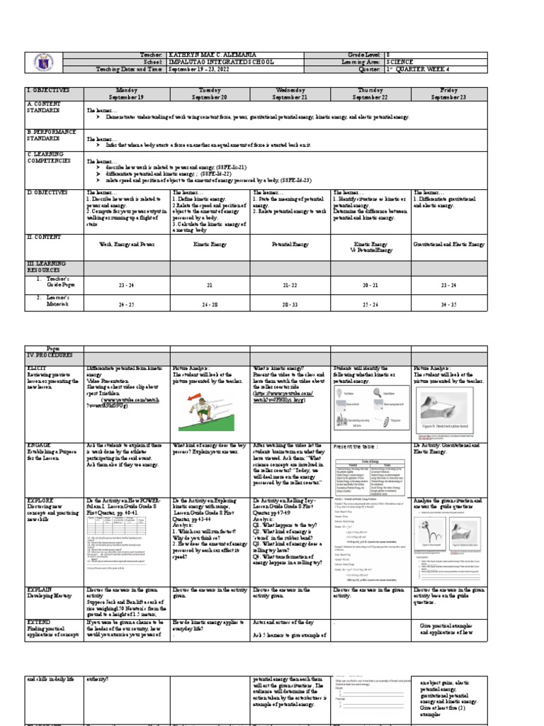 Science 8 LESSON PLAN - Week 4 | PDF | Potential Energy | Physical ...