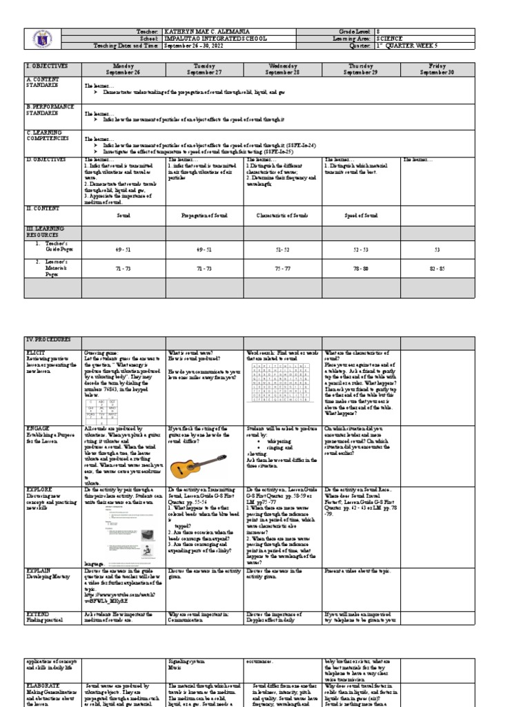 Science 8 LESSON PLAN - Week 5 | PDF | Sound | Physics