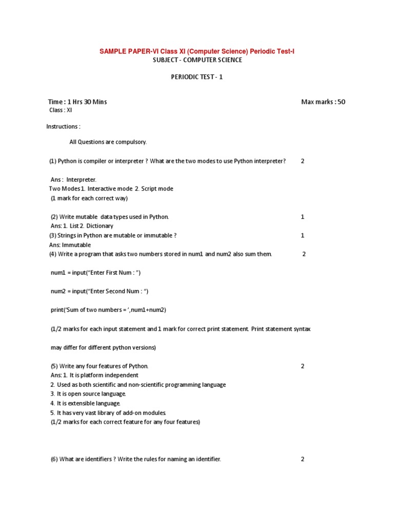 Sample Paper Vi Class Xi Computer Science Periodic Test I Pdf Python Programming Language