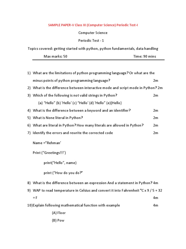 Sample Paper V Class Xi Computer Science Periodic Test I Pdf Reserved Word Python